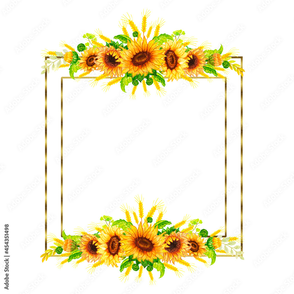 Watercolor frame sunflower autumn.Watercolor sunflowers and butterflies ...