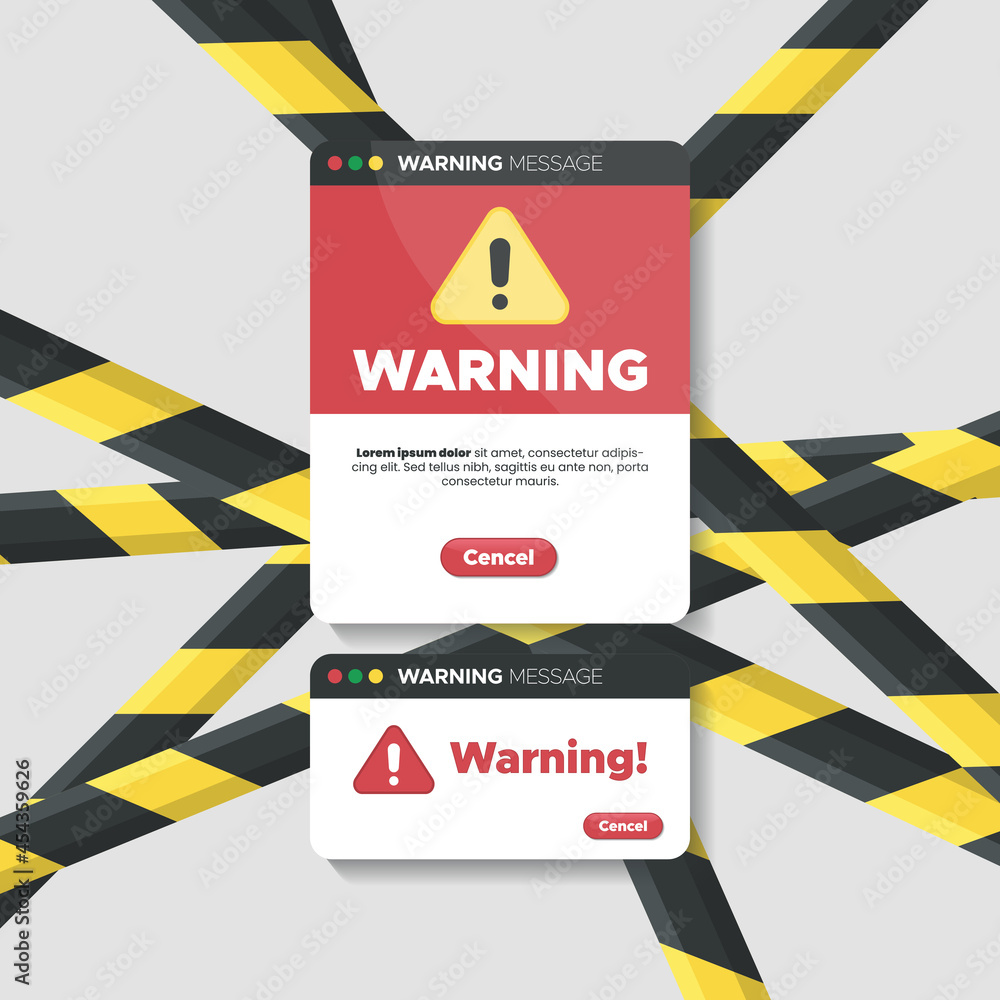 Warning pop up message with caution tape and danger sign Stock Vector ...