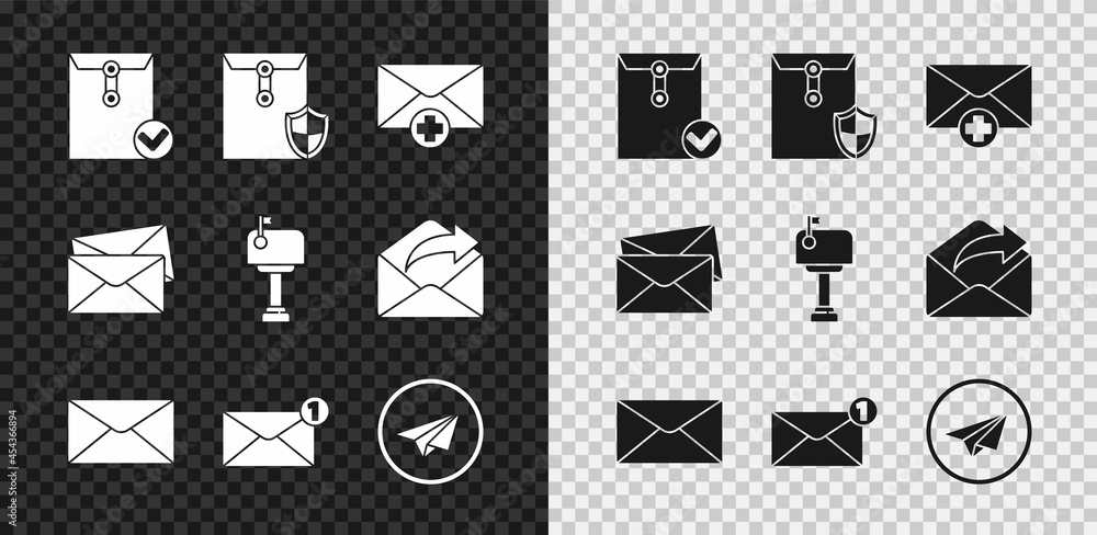 Set Envelope and check mark, with shield, Received message concept, Paper plane, and Mail box ...