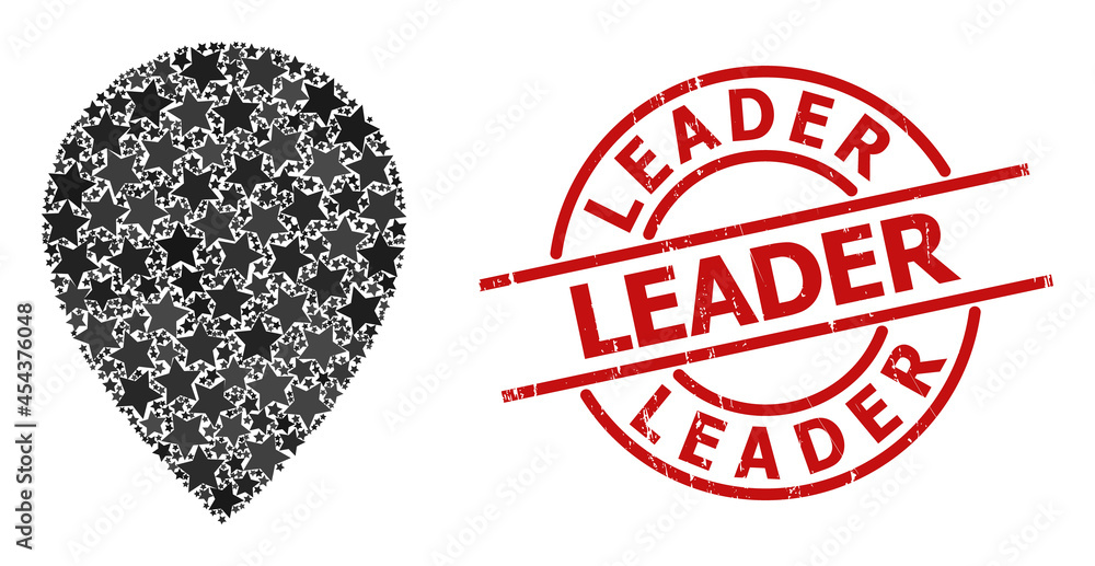 Map marker star pattern and grunge Leader stamp. Red stamp with grunge ...