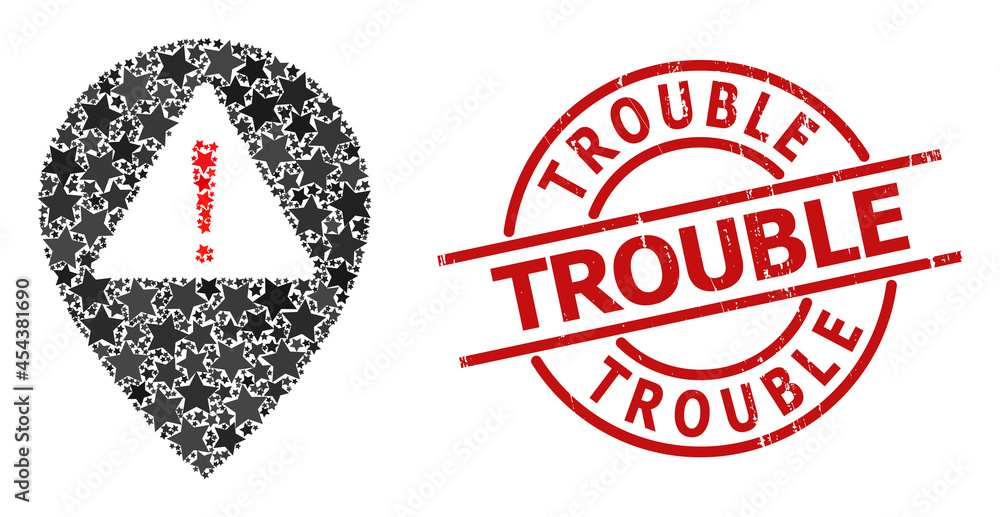 Warning map pointer star mosaic and grunge Trouble badge. Red seal with ...