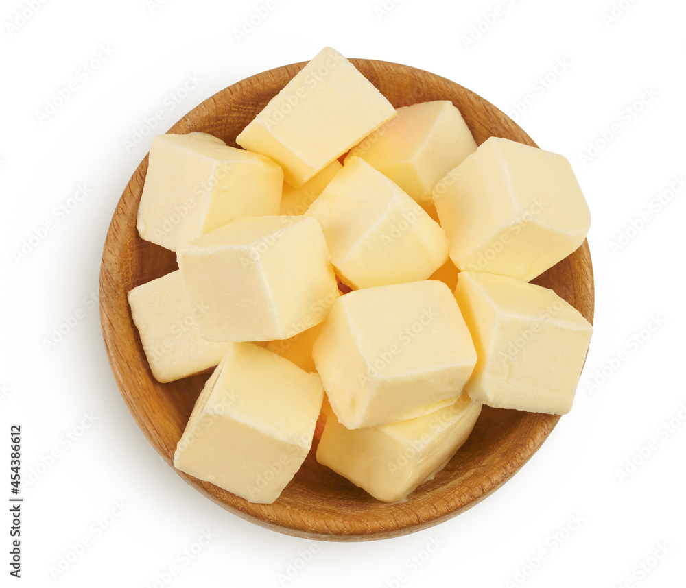 butter cubes in wooden bowl isolated on white background with clipping ...