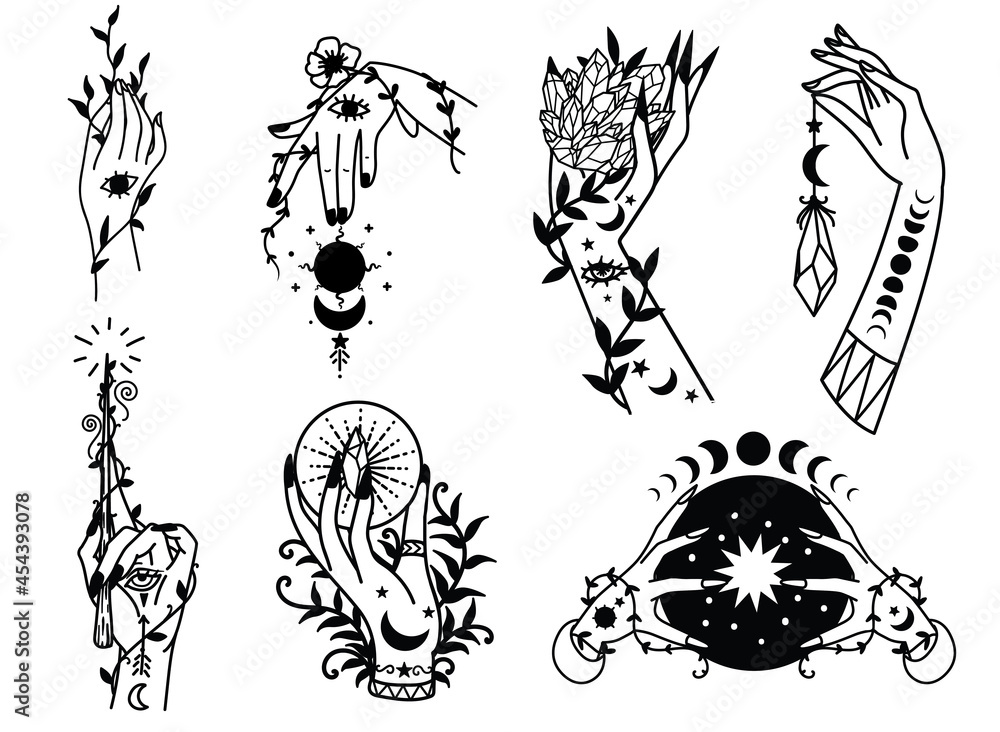Hand drawn witch hands set for design element. Vector illustration ...