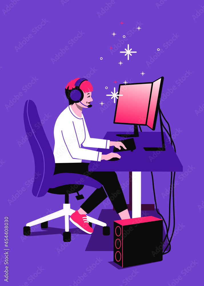 Gamer playing video games on computer. 2 monitors on desk. Non binary ...