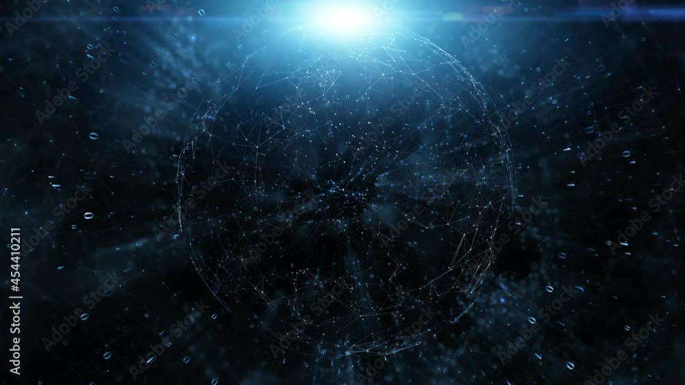 Rotation of network sphere with shiny star lens flare light and binary ...