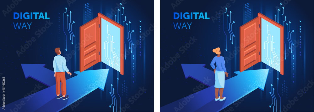 Digital way of business concept. Man and woman standing in front of ...