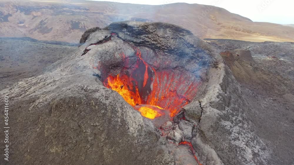 Drone aerial high view of active volcano crater Fagradalsfjall volcano ...