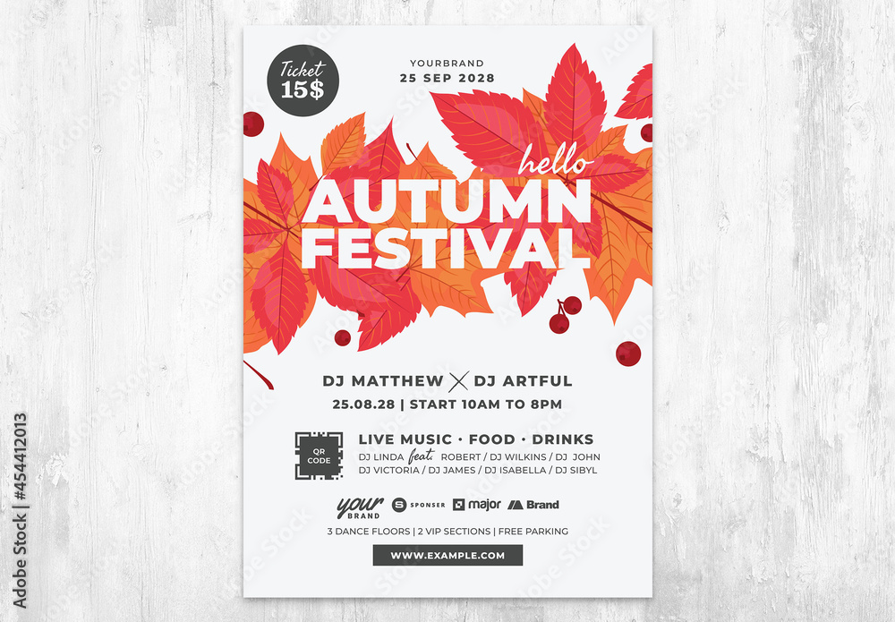Autumn Fall Flyer with Red Leaves & White Background Stock Template ...