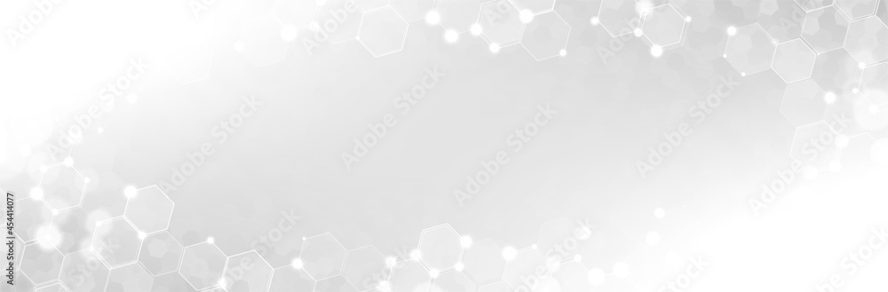 Abstract white Hexagon background. Hexagonal pattern. Gray gradient backdrop. Neutral business ...