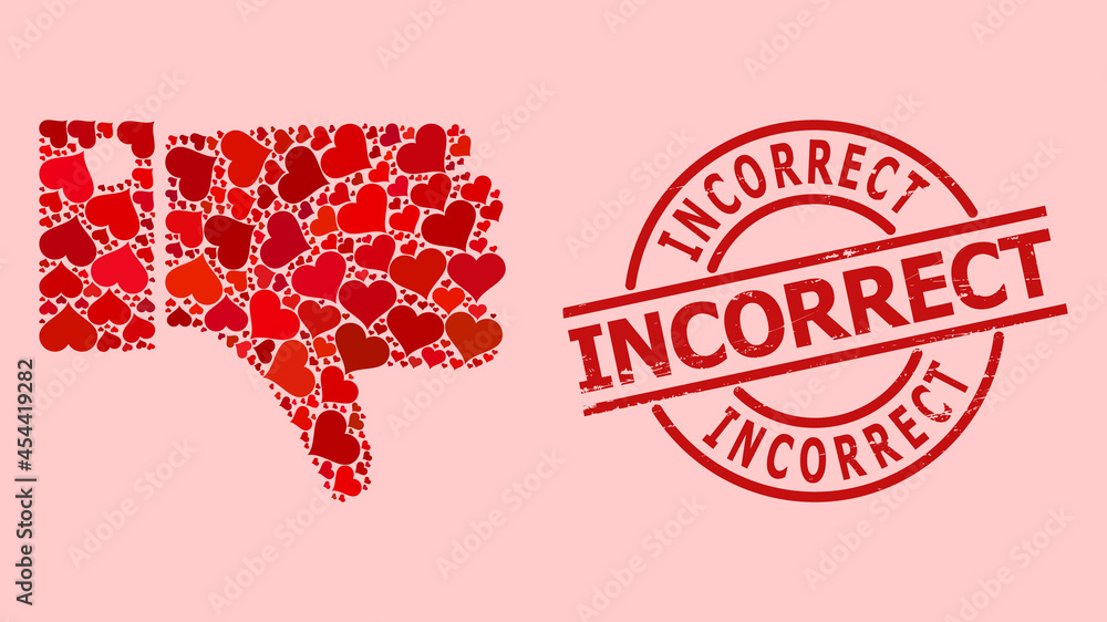 Grunge Incorrect stamp seal, and red love heart pattern for thumb down ...