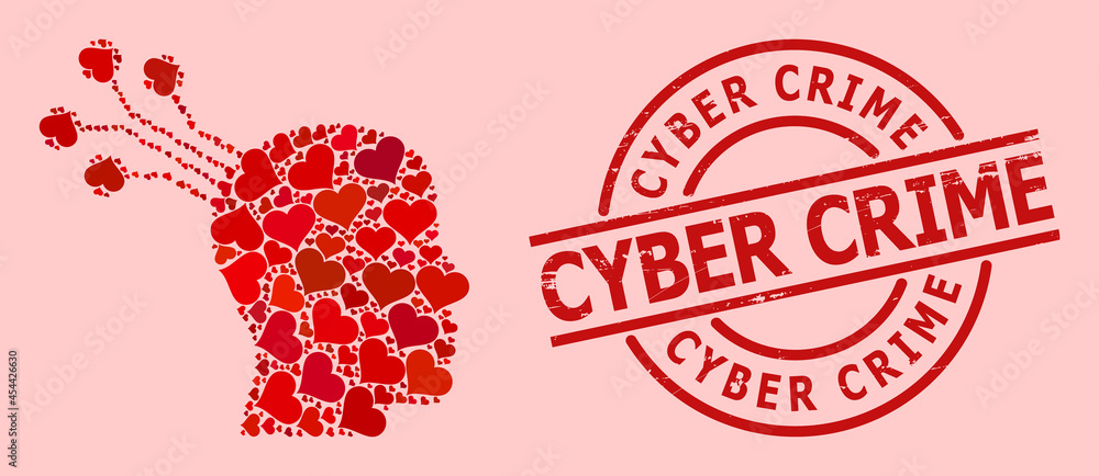 Grunge Cyber Crime badge, and red love heart collage for brain machine ...