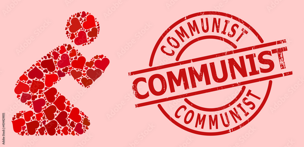 Textured Communist badge, and red love heart mosaic for praying man ...