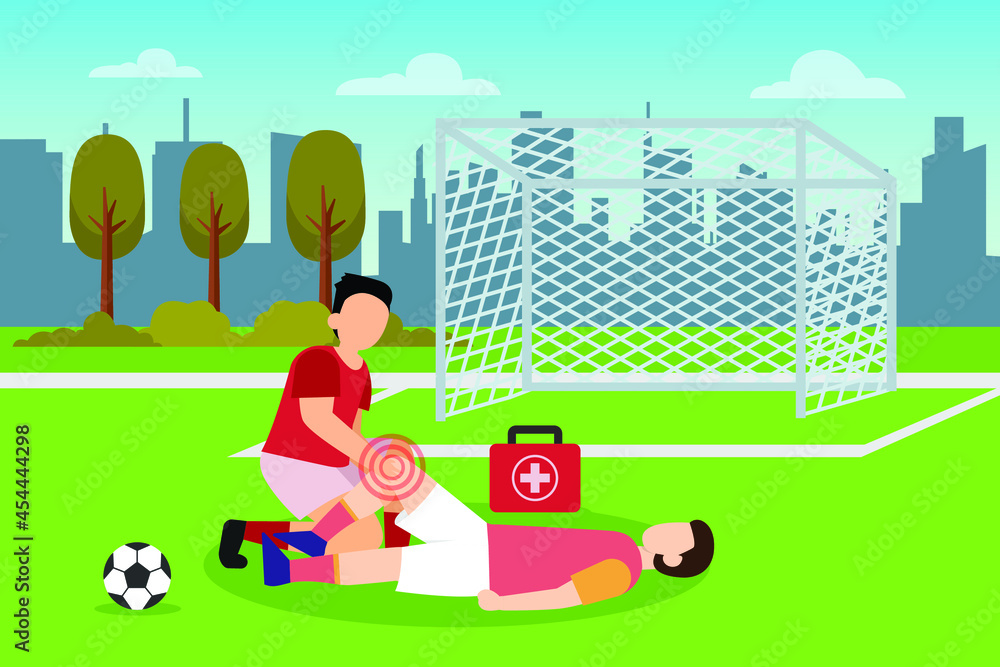 Sport injury vector concept: Soccer player gets treatment on his leg ...