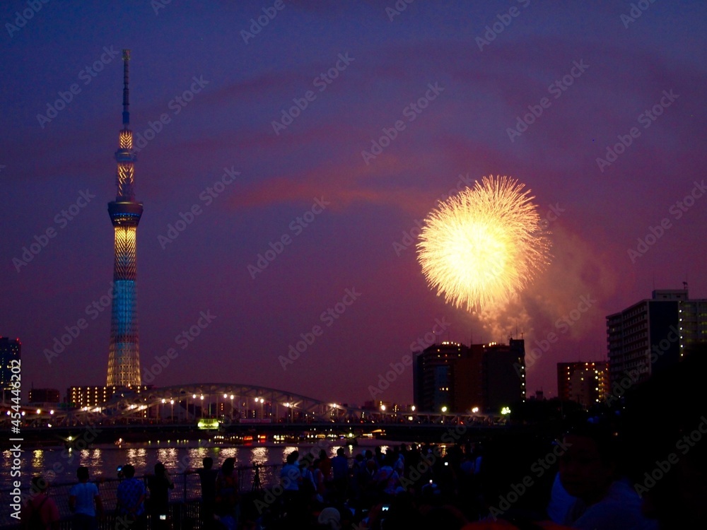 Tokyo Skytree and firework at night in the summer Stock Photo | Adobe Stock