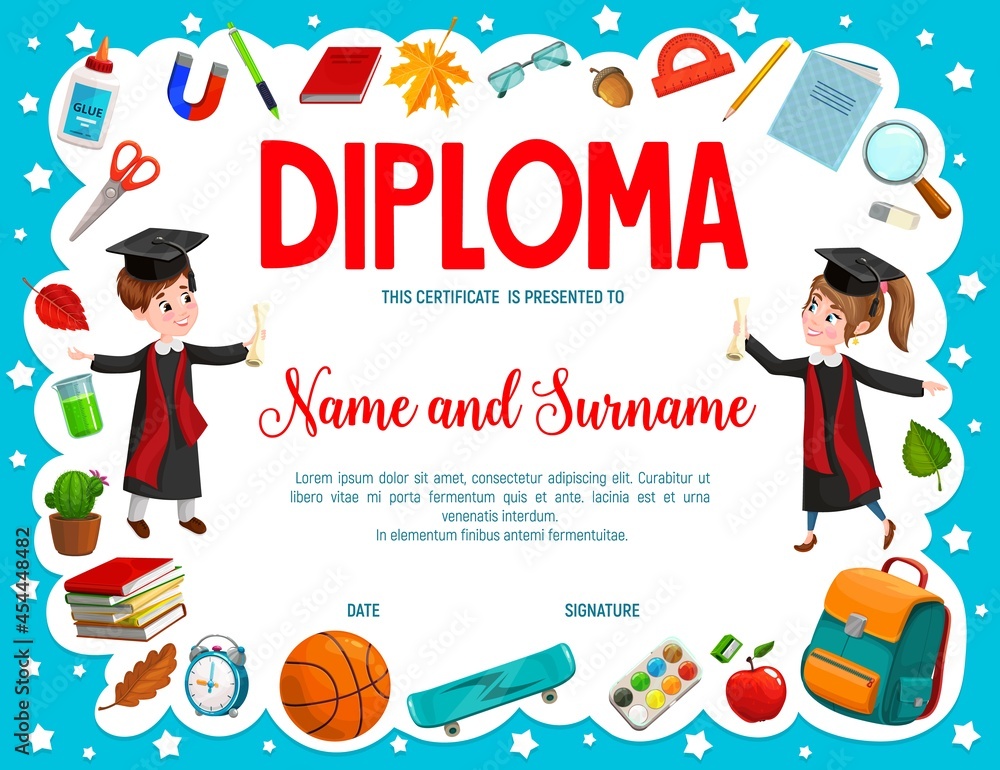 Education diploma with cartoon boy and girl pupils or students, school ...