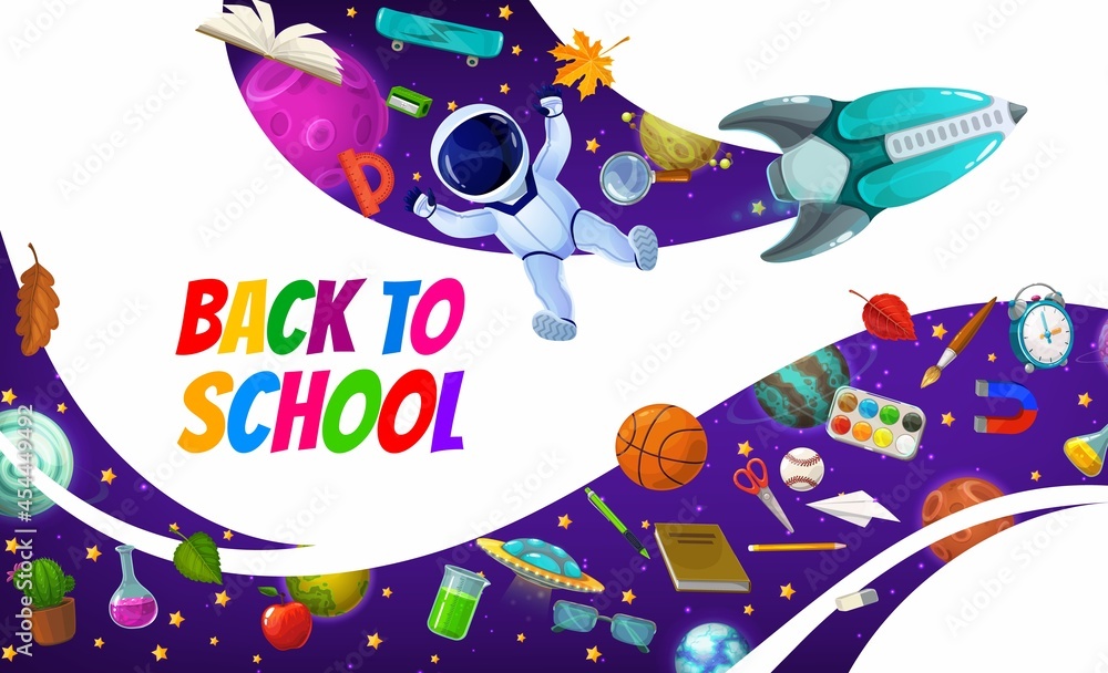 Education poster with cartoon space rocket, planets, astronaut and ...