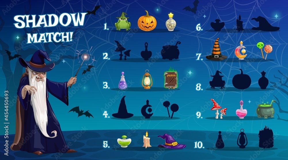 Child Halloween shadow match game with sorcery artifacts. Kids math ...