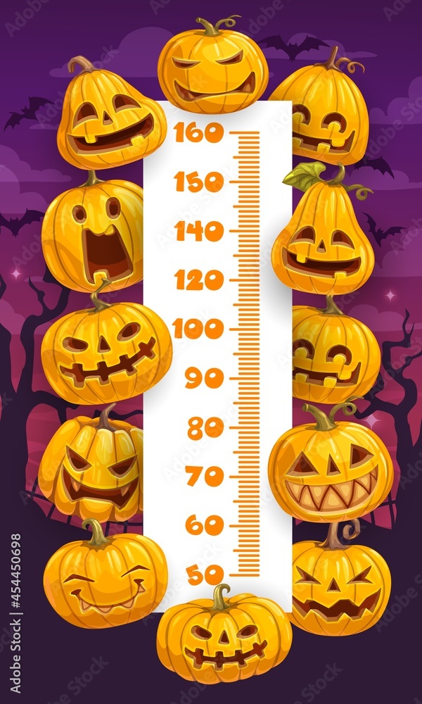 Halloween cartoon pumpkins kids height chart, growth measure vector ...