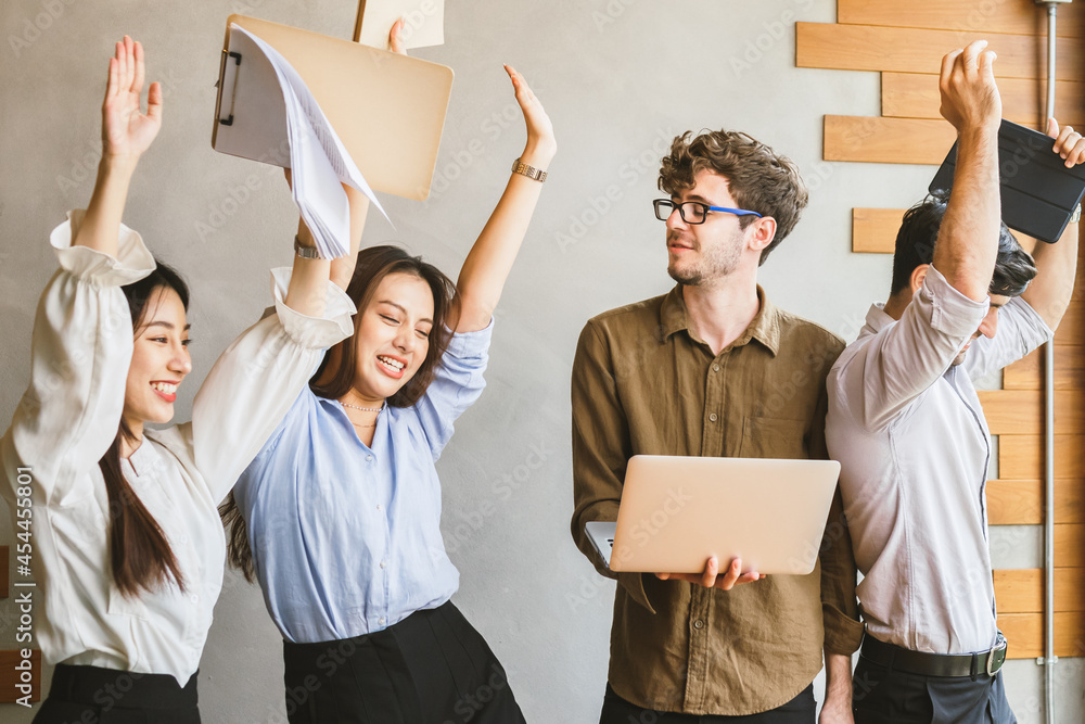 Cheer up,Amazed business people group,teamwork of young asian,caucasian ...