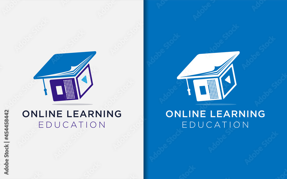 Online Learning Logo Design with Book and Laptop Combined as Toga Hat ...