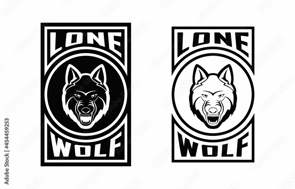 Set of black and white illustrations of a wolf head, text on a white ...