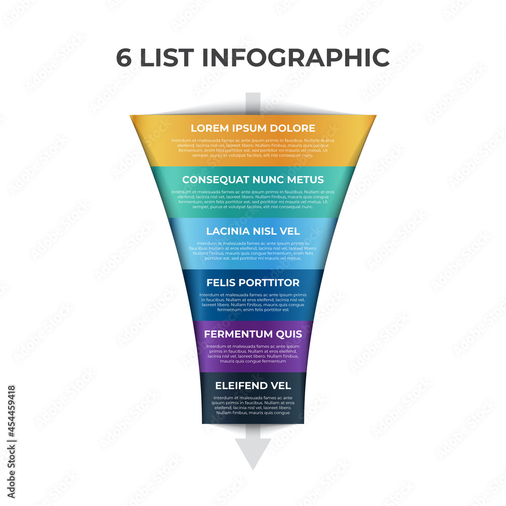 6 points, layers, options, step of list infographic element with funnel ...