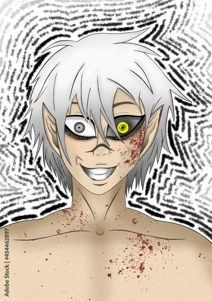 Psychopath Elf, done in manga-style, with one eye iris yellow and black ...