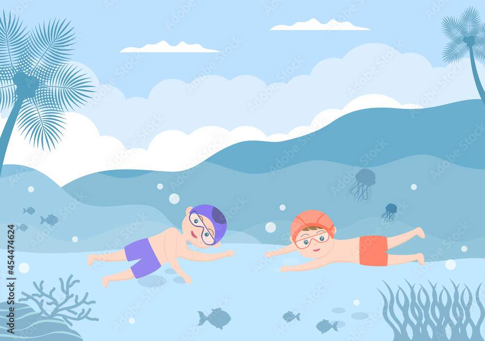 Cute Little Kids Swimming Background Vector Illustration in flat ...