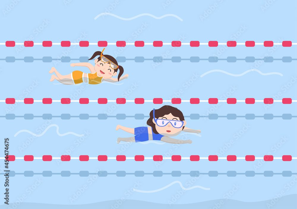 Cute Little Kids Swimming Background Vector Illustration in flat ...