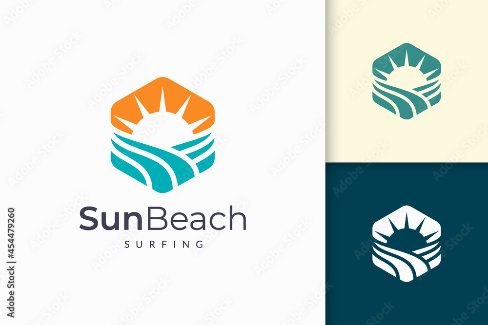 Ocean or sea logo in abstract water wave and sun represent adventure ...