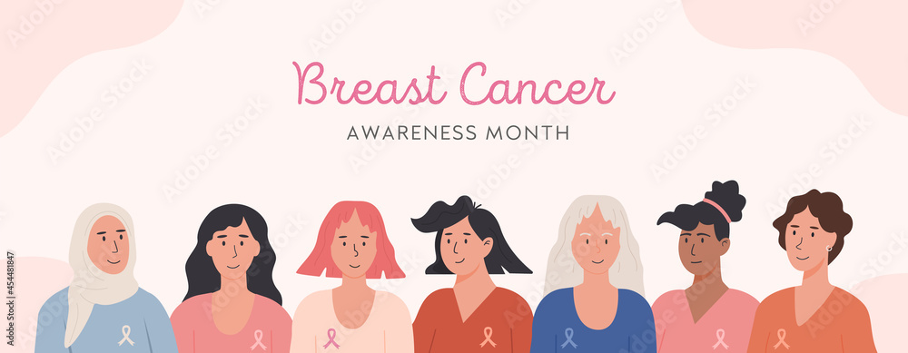 Breast Cancer awareness month horizontal banner. Flat style group of ...