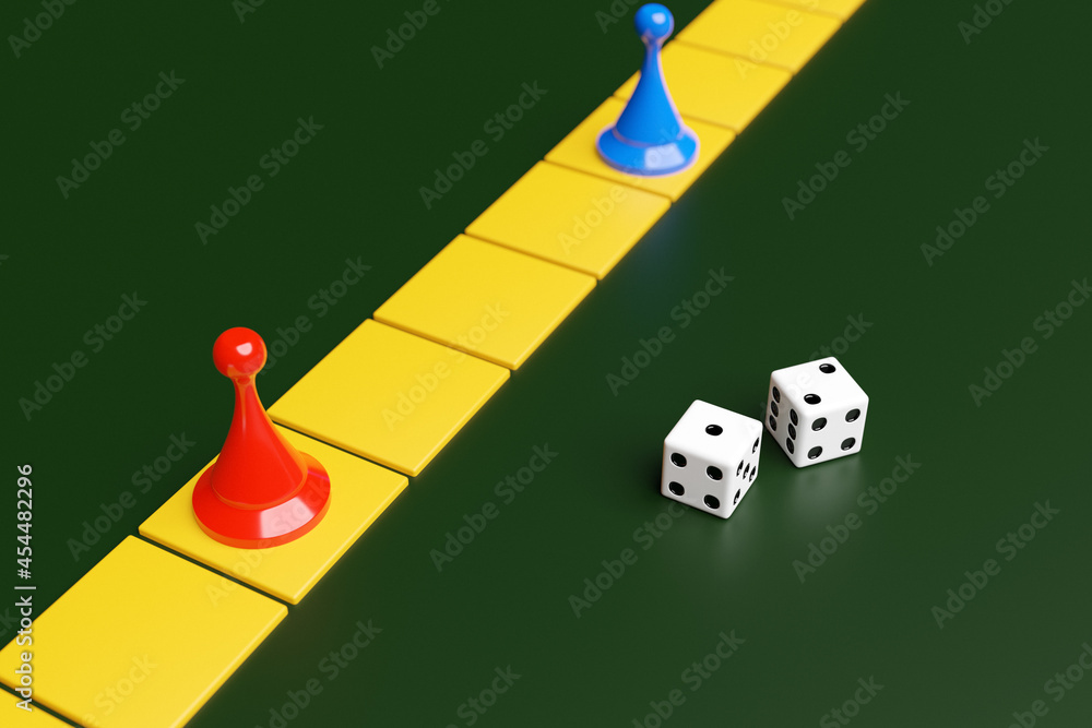 Blue and red game pieces and two dice: entertainment, home games for ...