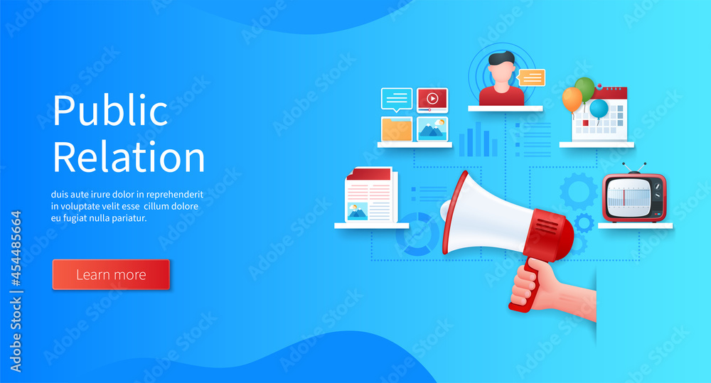 Public relation banner. Hand holding a megaphone. TV and radio, news ...