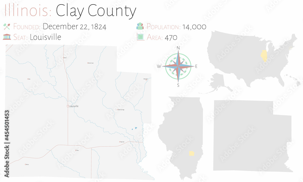 Large and detailed map of Clay county in Illinois, USA. Stock Vector ...