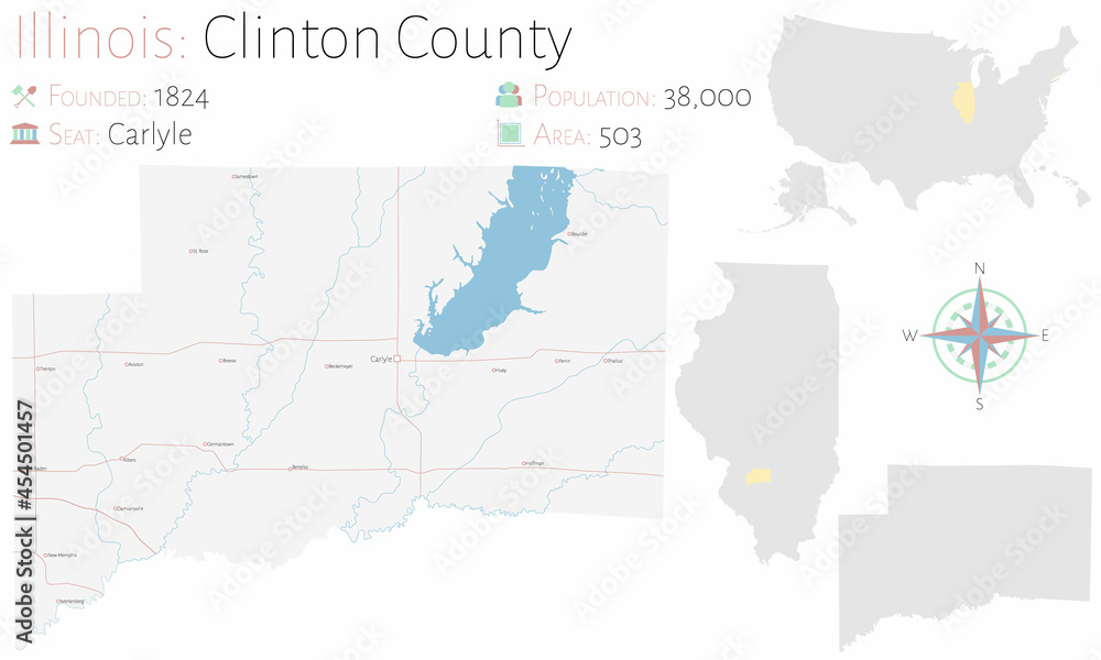 Large and detailed map of Clinton county in Illinois, USA. Stock Vector ...