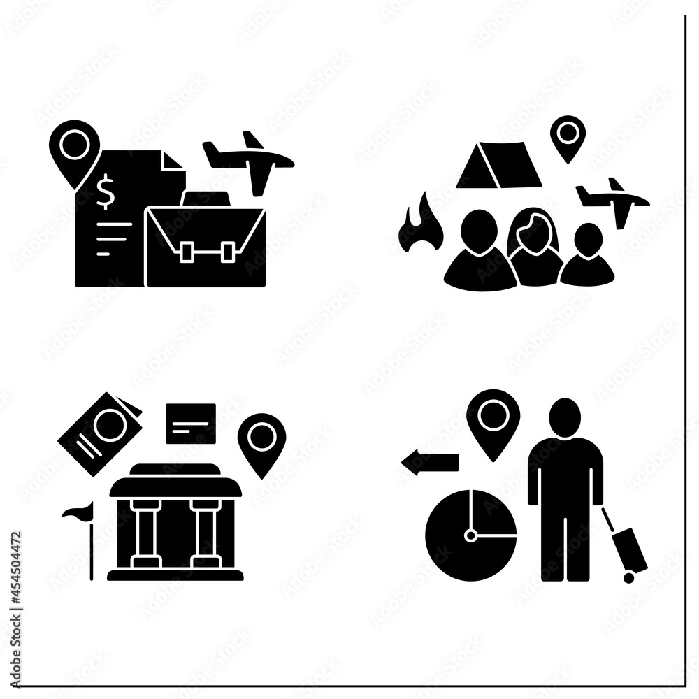 Migration glyph icons set. Embassy, labour relocation, forced family ...