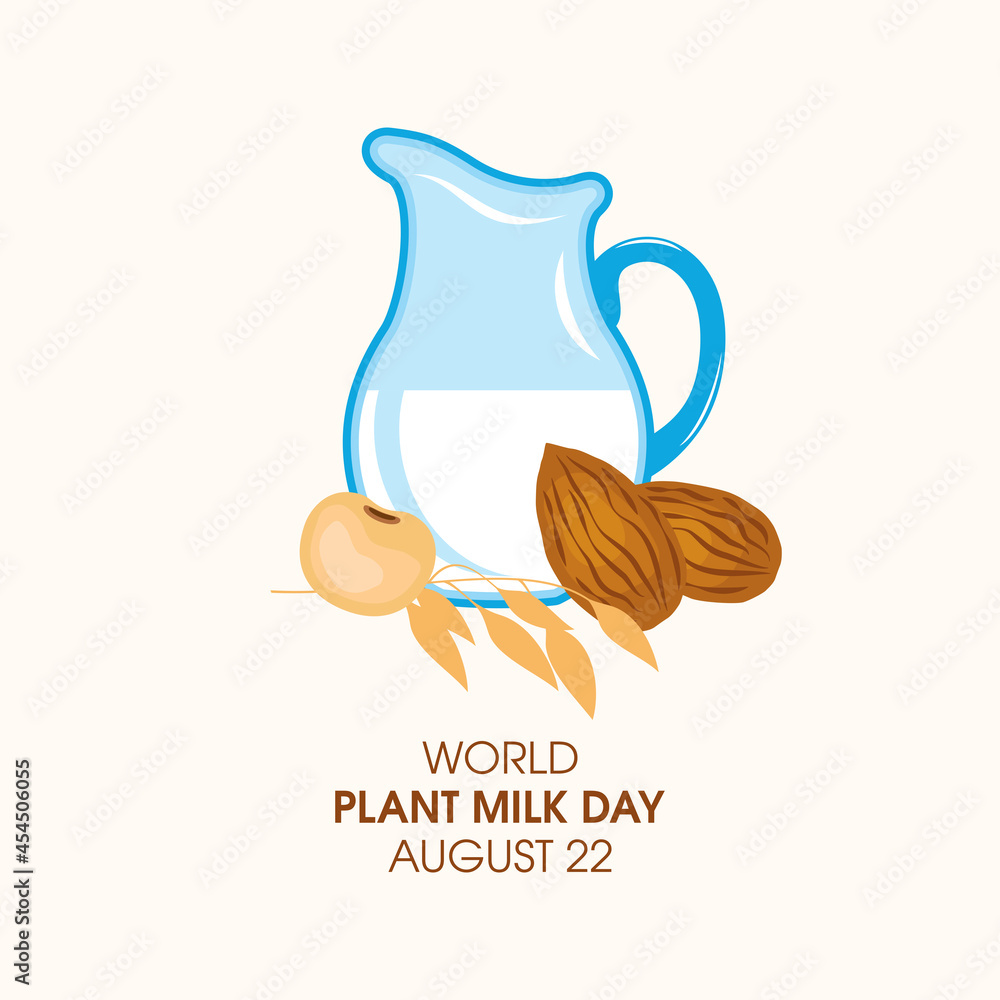 World Plant Milk Day vector. Almonds, oat, soybean and jug of vegetable ...