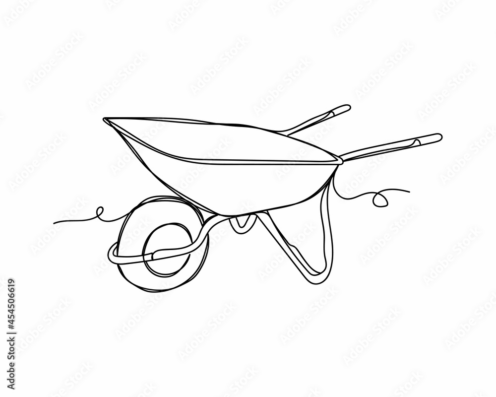Continuous one line drawing of wheelbarrow icon in silhouette on a ...