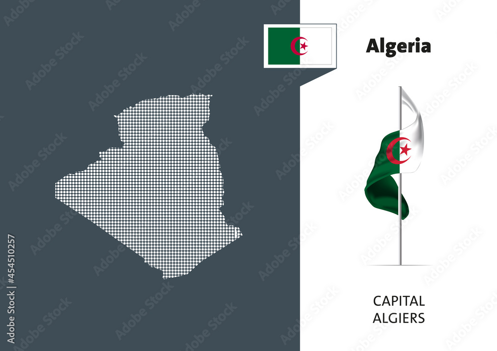 Flag of Algeria on white background. Dotted Map of Algeria with Capital ...