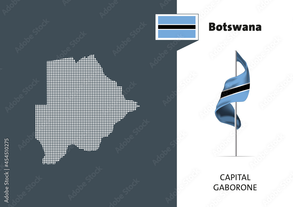 Flag of Botswana on white background. Dotted Map of Botswana with Capital name - Gaborone. Stock ...