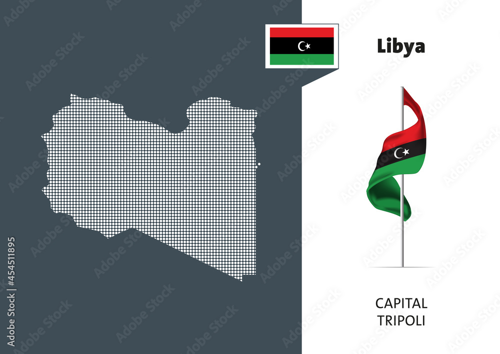 Flag of Libya on white background. Dotted map of Libya with Capital ...