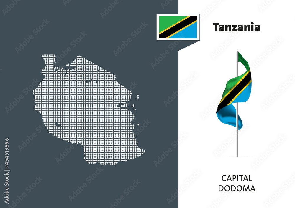 Flag of Tanzania on white background. Dotted map of Tanzania with ...