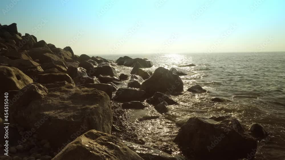 a destructive and impressive sea storm, sea waves break on coastal ...