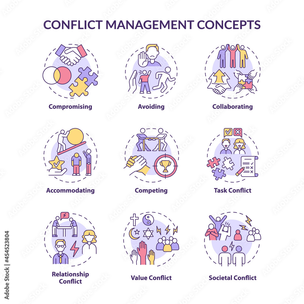 Conflict management concept icons set. Solving relationship issues ...