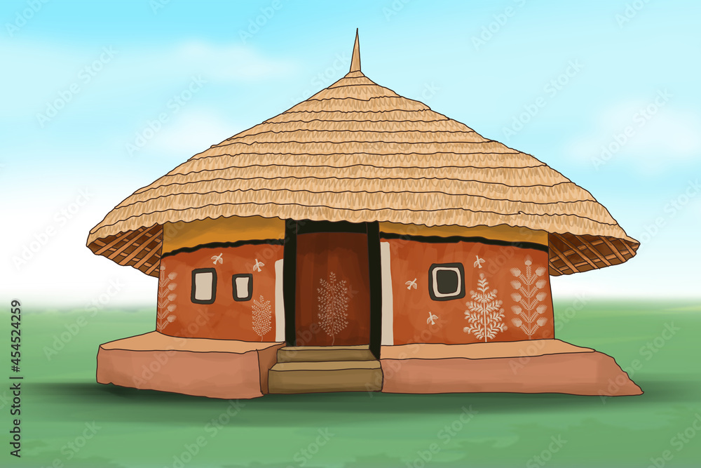 An Indian Tribal house. with triable painting . Stock Illustration ...