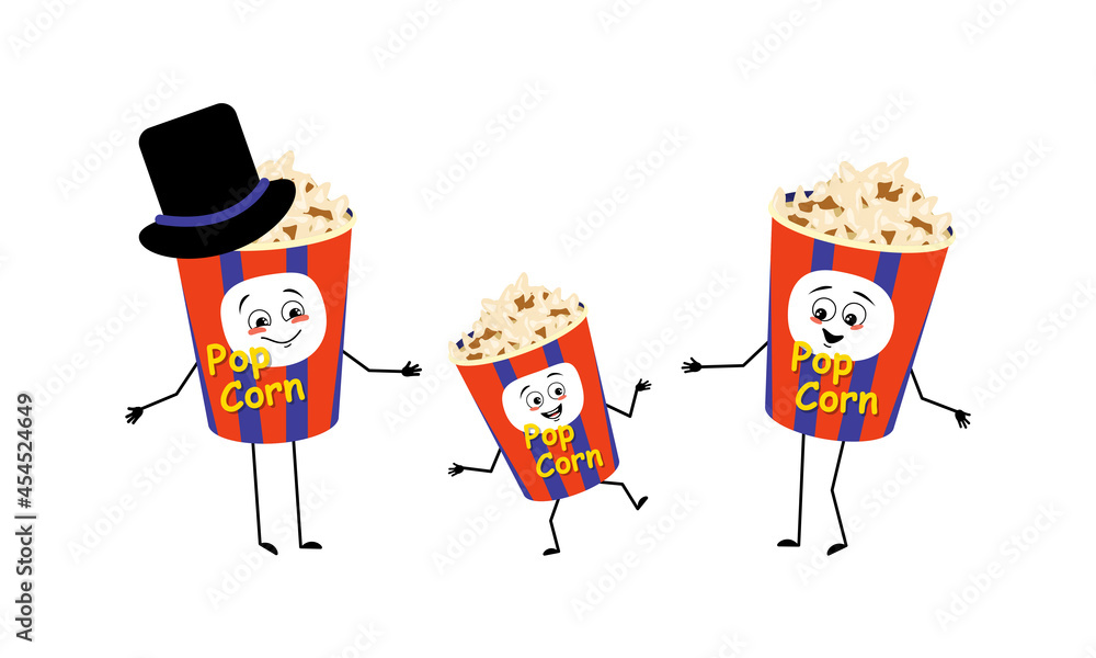 Family of popcorn characters with joyful emotions, smile face, happy ...