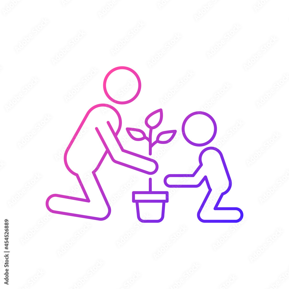 Planting flower with kid gradient linear vector icon. Gardening ...