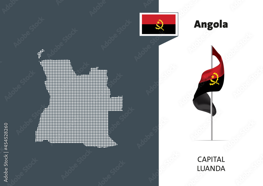 Flag of Angola on white background. Dotted map of Angola with Capital ...