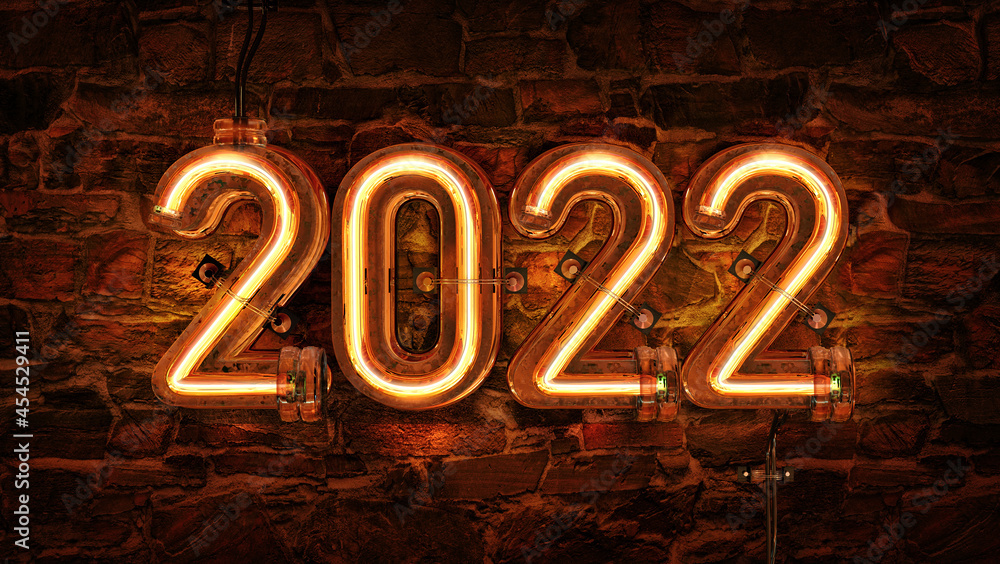 2022 neon text sign light billboard, night time. Glowing red neon new ...