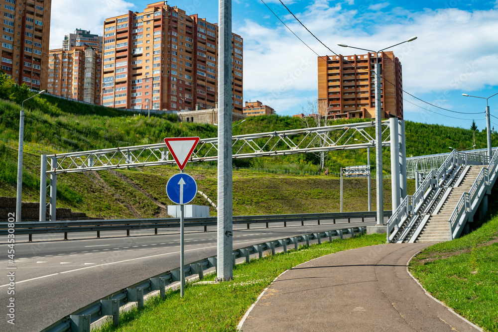 Frame support for road signs over a multi-lane motorway. Stock Photo ...